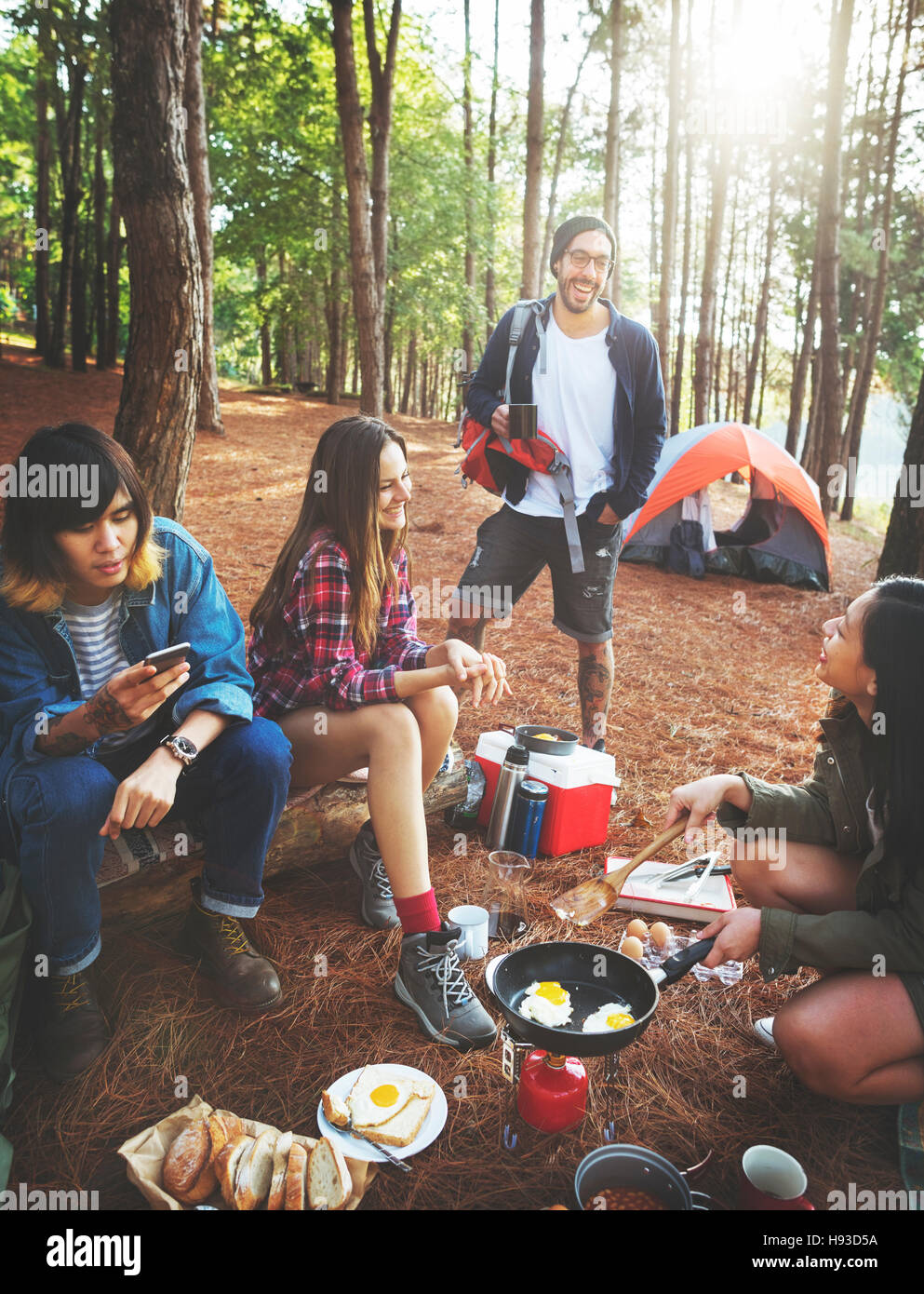 Friends Camping Cooking Breakfast Concept Stock Photo - Alamy
