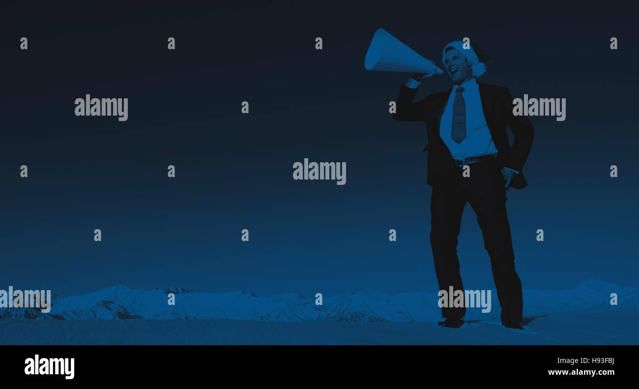 Businessman with Megaphone on Holiday Season Concept Stock Photo - Alamy
