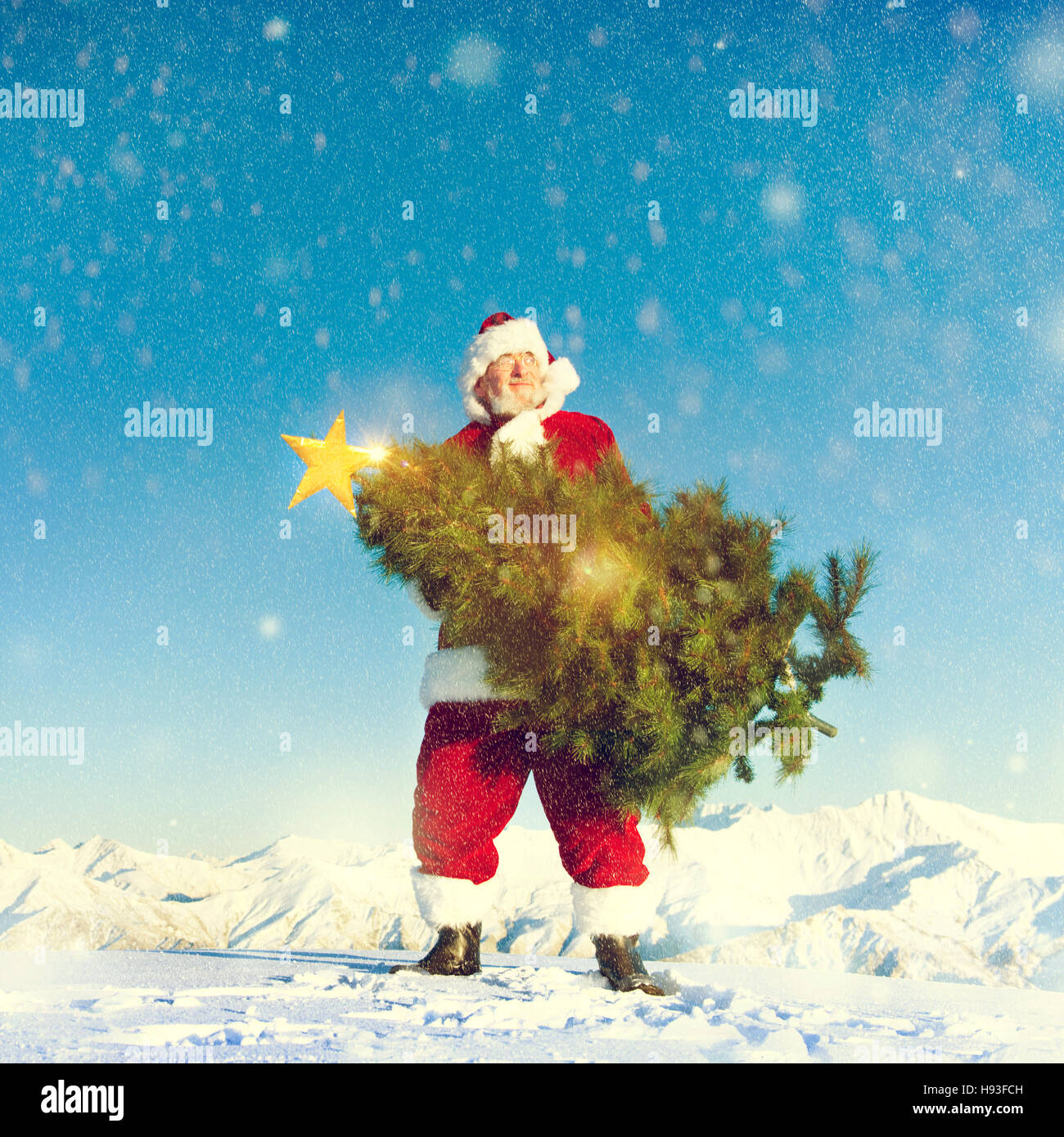 Santa claus carrying christmas tree on snow covered mountain Stock ...