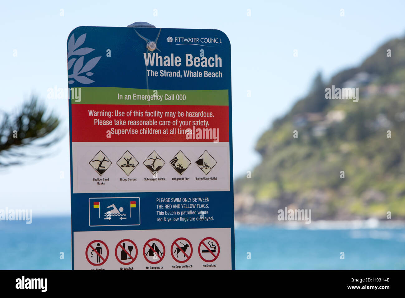 Pittwater council sign for Whale beach, one of Sydney's famous northern ...
