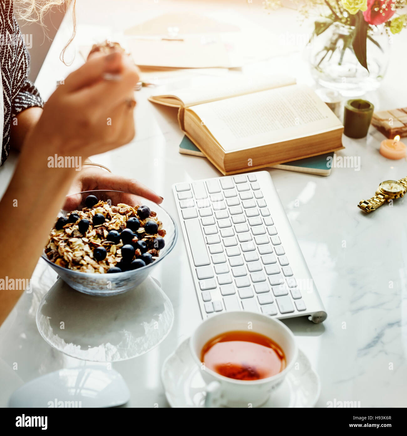 Morning Eating Breakfast Keyboard Book Concept Stock Photo - Alamy