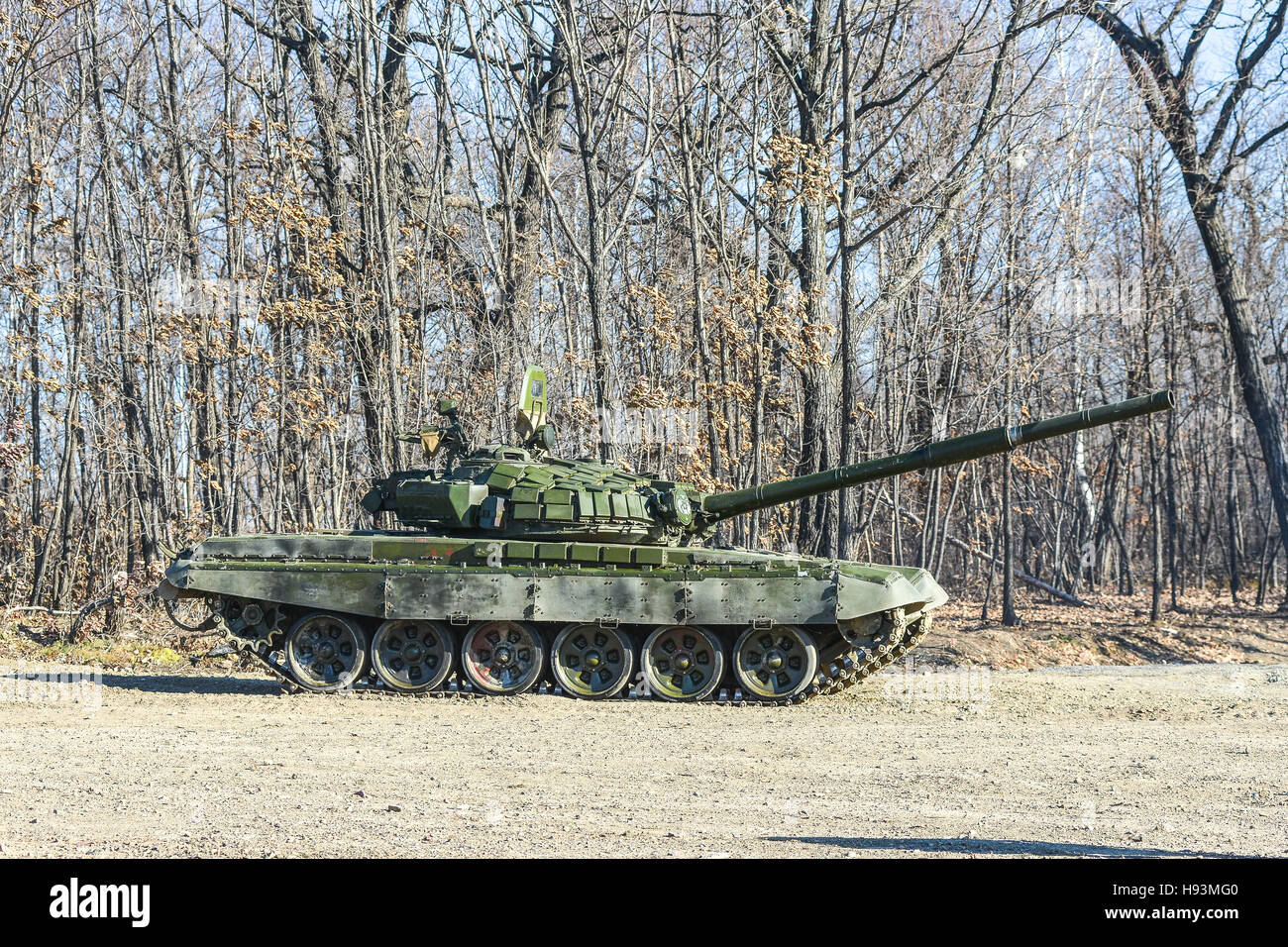 Russian tank rides on a forest road Stock Photo - Alamy