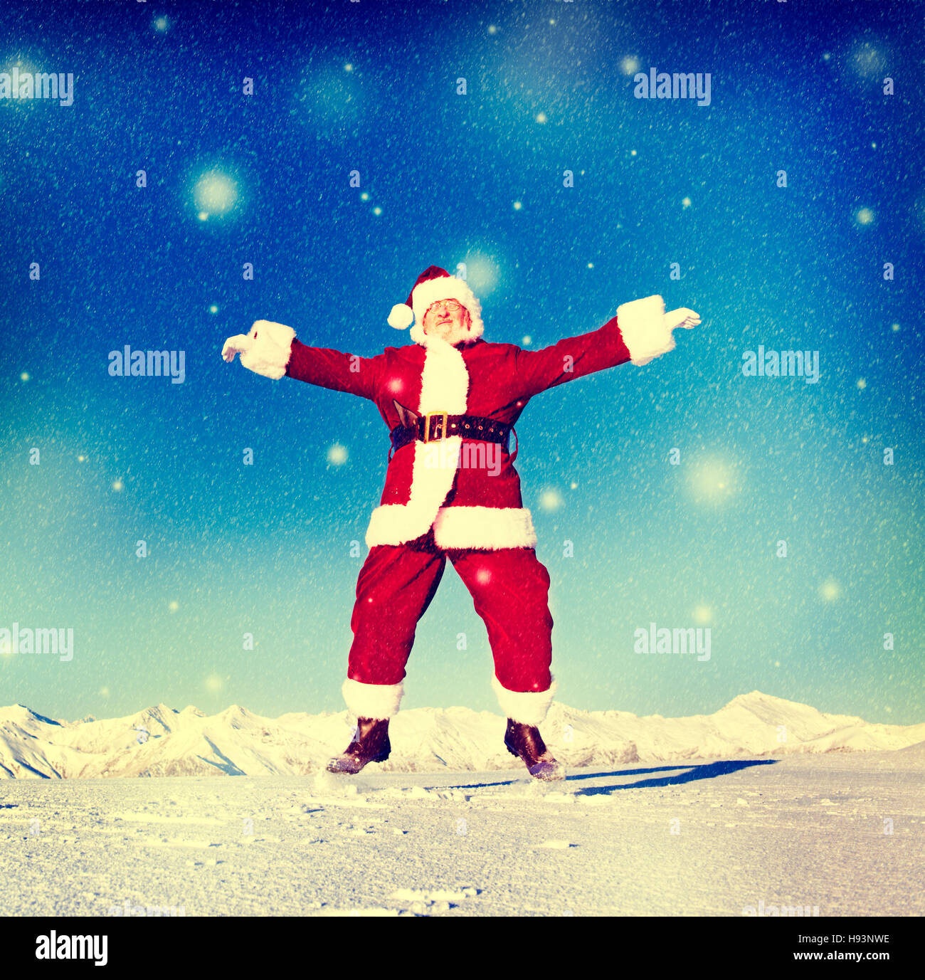 Santa Claus in a Winter Wonderland Jumping Happiness Concept Stock ...