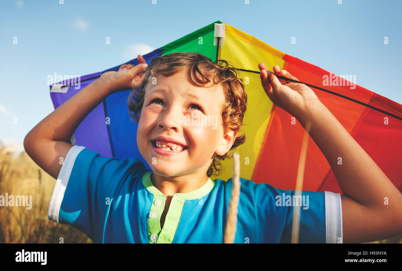 Children Boy Playing Kite Enjoyment Concept Stock Photo - Alamy