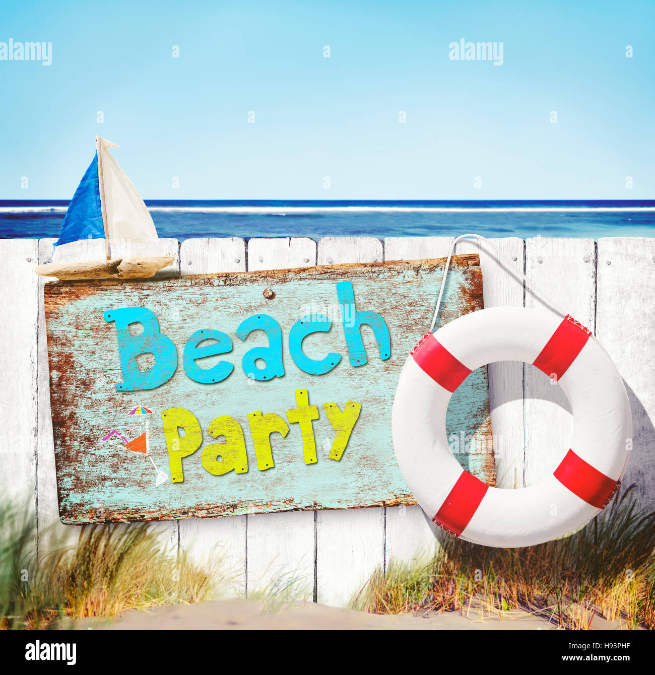 Beah Party Sailboat Buoy Sand Grass Summer Ocean Concept Stock Photo ...