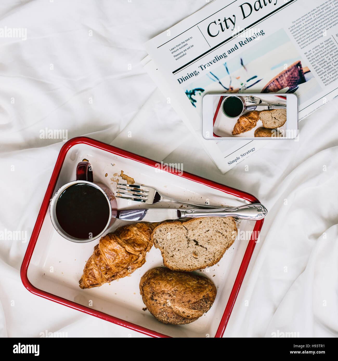 Coffee Americano Espresso Newspaper Breakfast in Bed Concept Stock ...