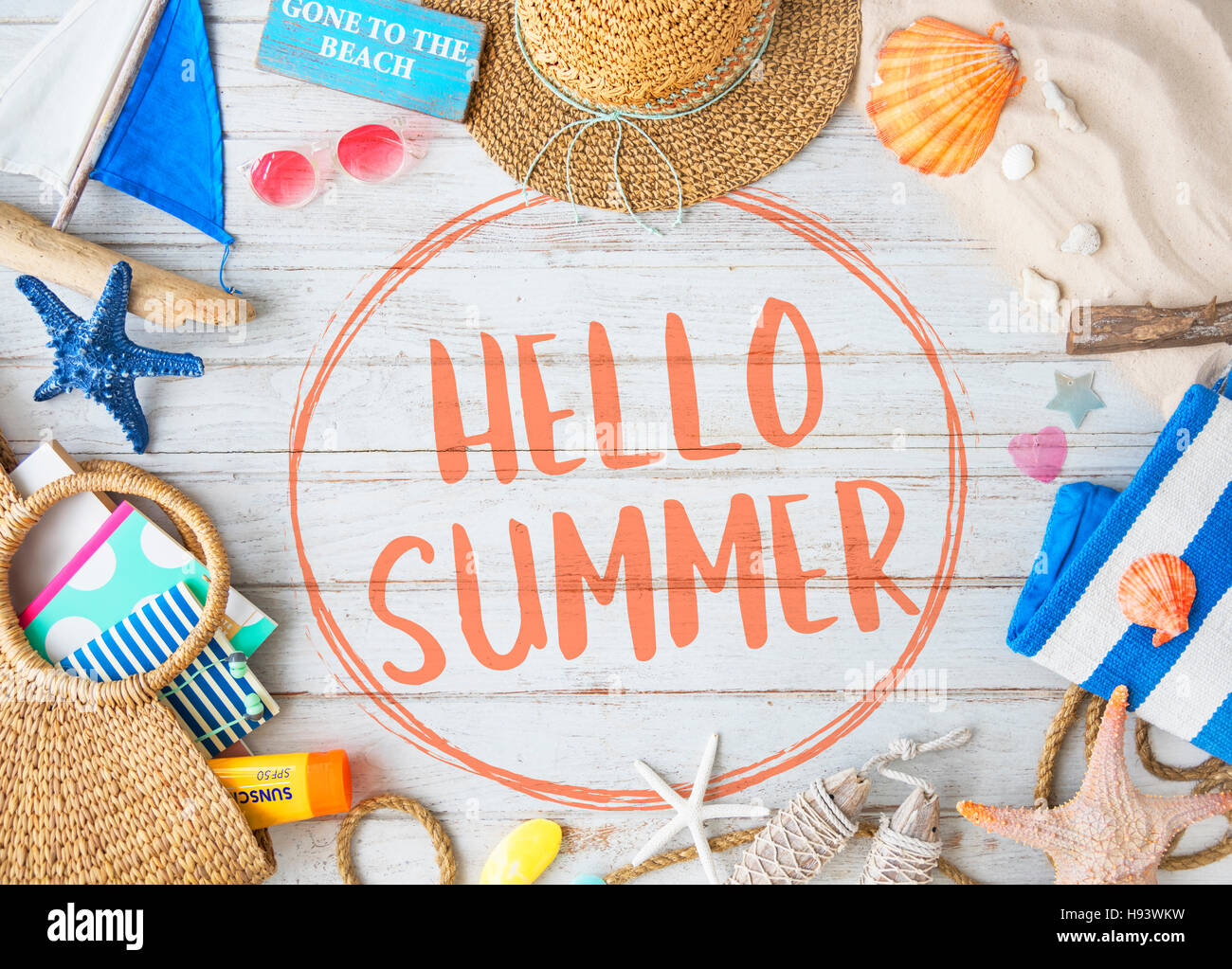 Hello Summer Vacation Message Sign Concept Stock Photo - Alamy