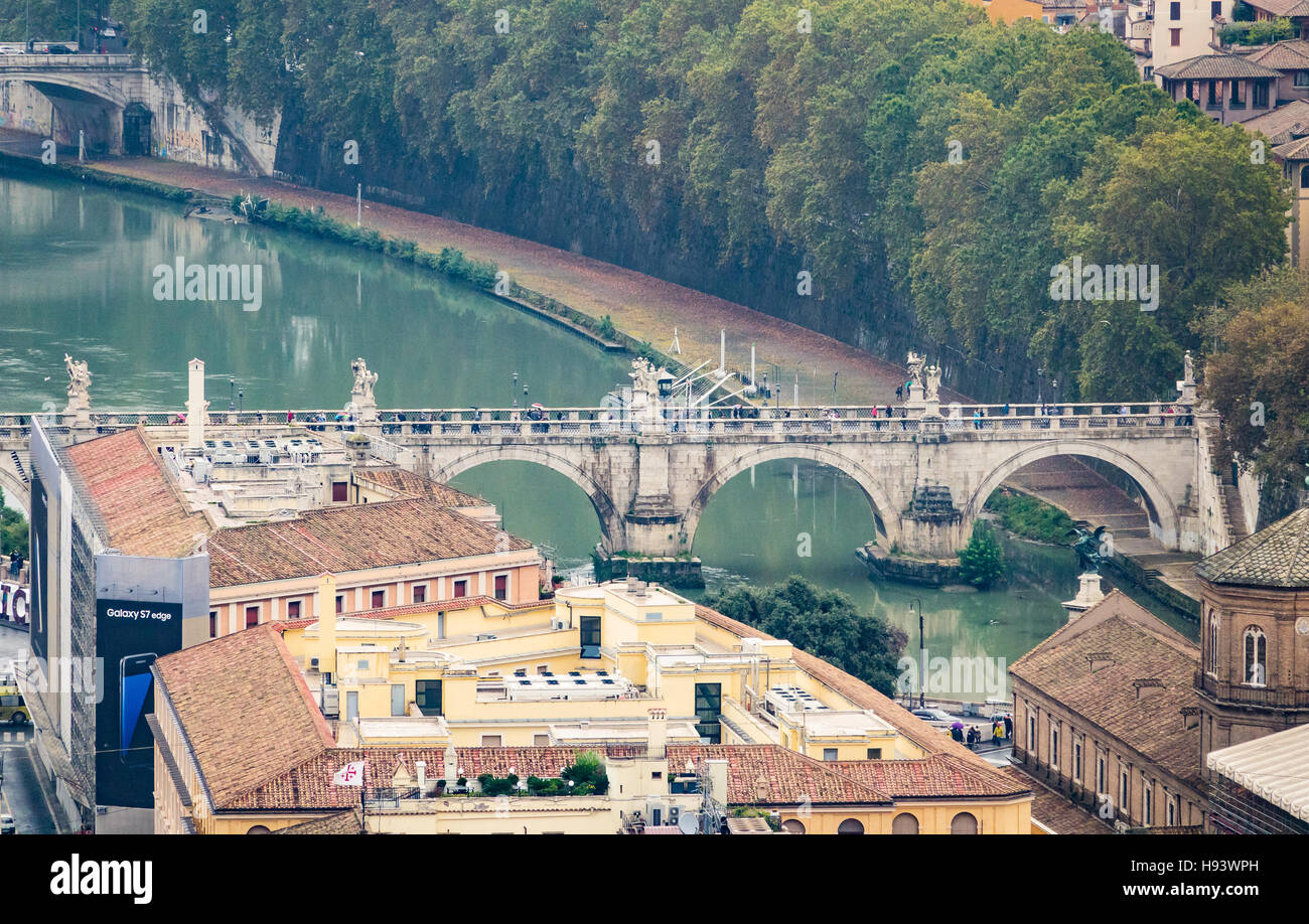 Aerial view over River Tiber and the bridges of Rome from St Peters ...
