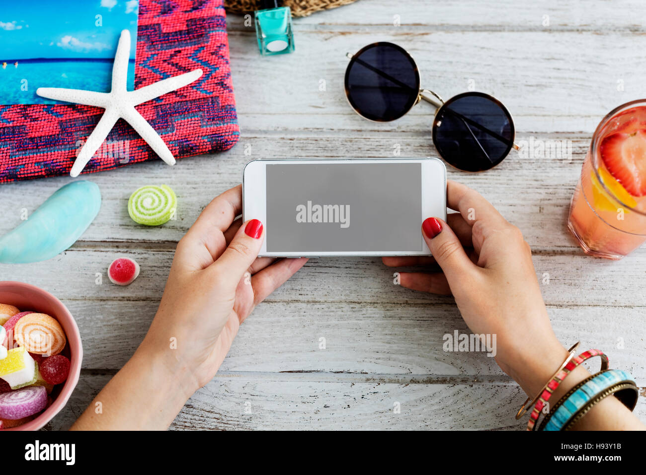 Woman Summer Vacation Using Smart Phone Concept Stock Photo - Alamy