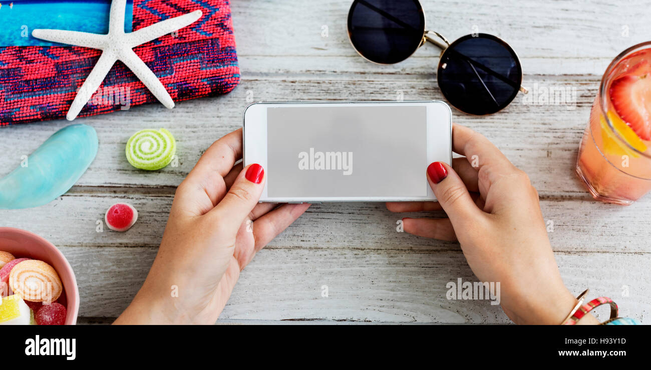 Woman Summer Vacation Using Smart Phone Concept Stock Photo - Alamy