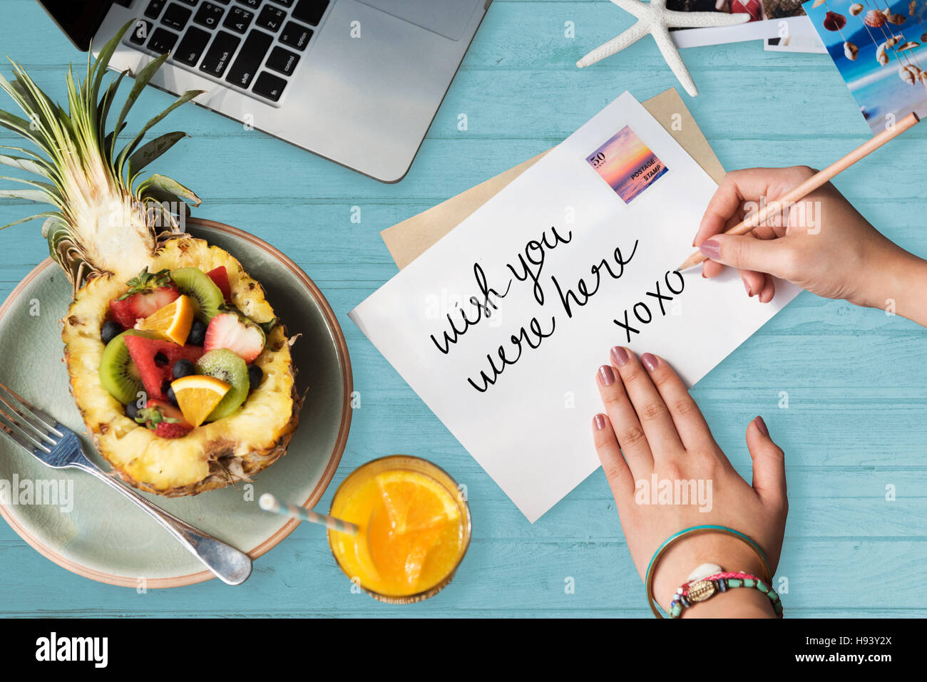 Hands Writing Postcard Travel Fruits Concept Stock Photo - Alamy