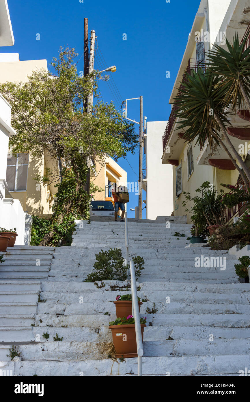 CRETE, GREECE - JULY 11, 2016: The narrow streets of a coastal elite ...