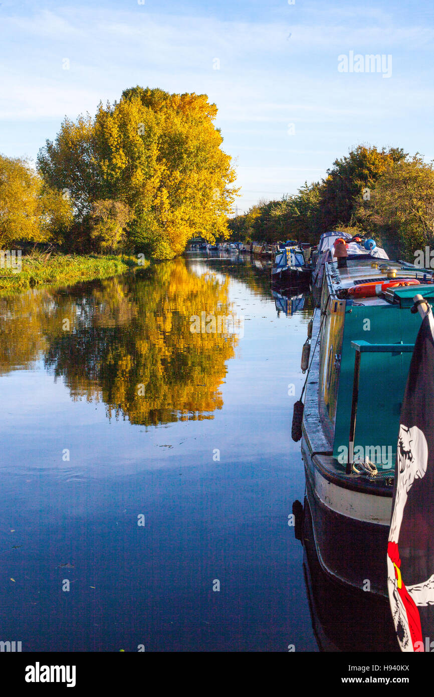 Boat reflections on the River Lea Stock Photo - Alamy