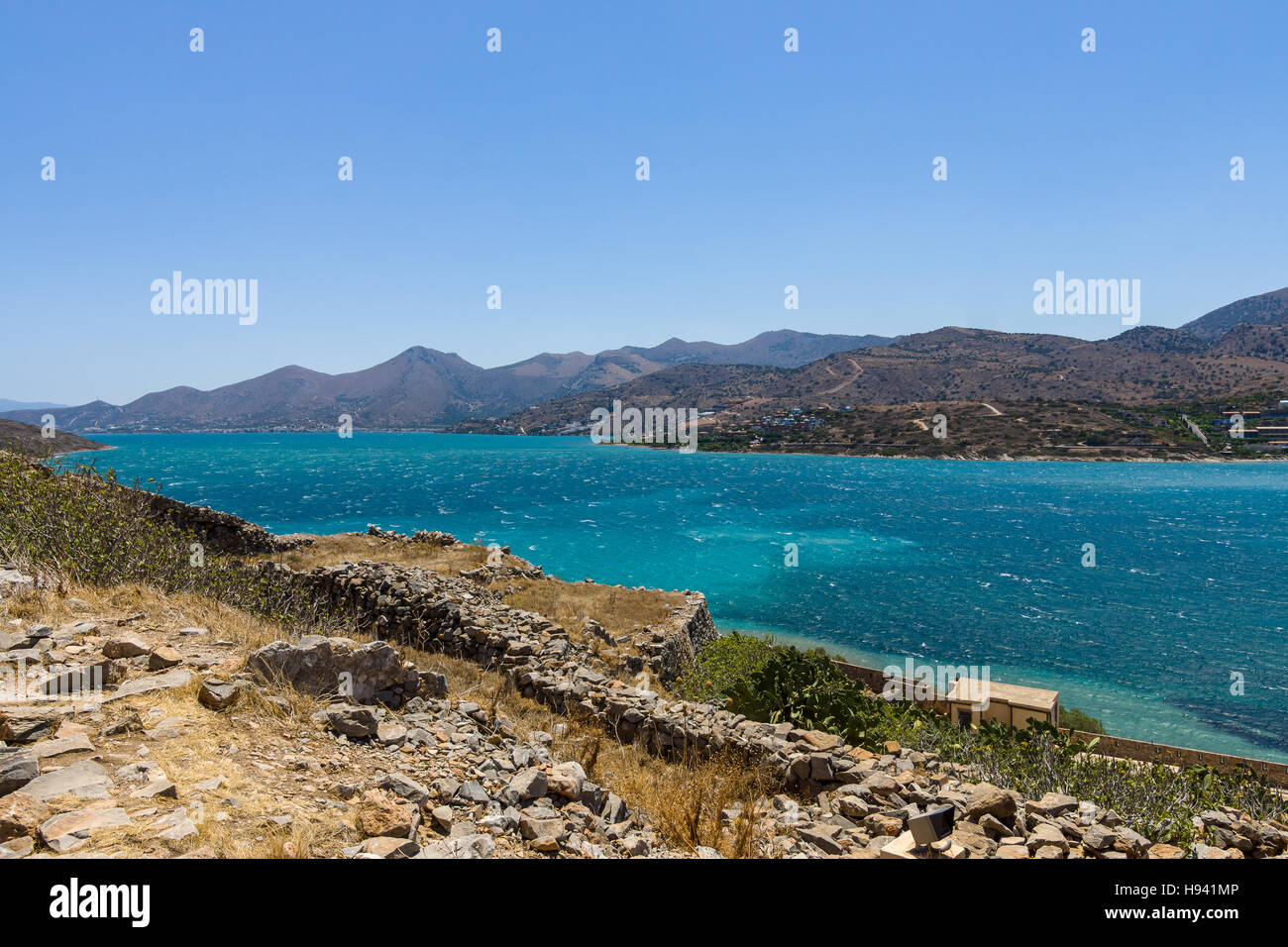 View of the Gulf of Elounda from a fortress on Spinalonga island Stock ...