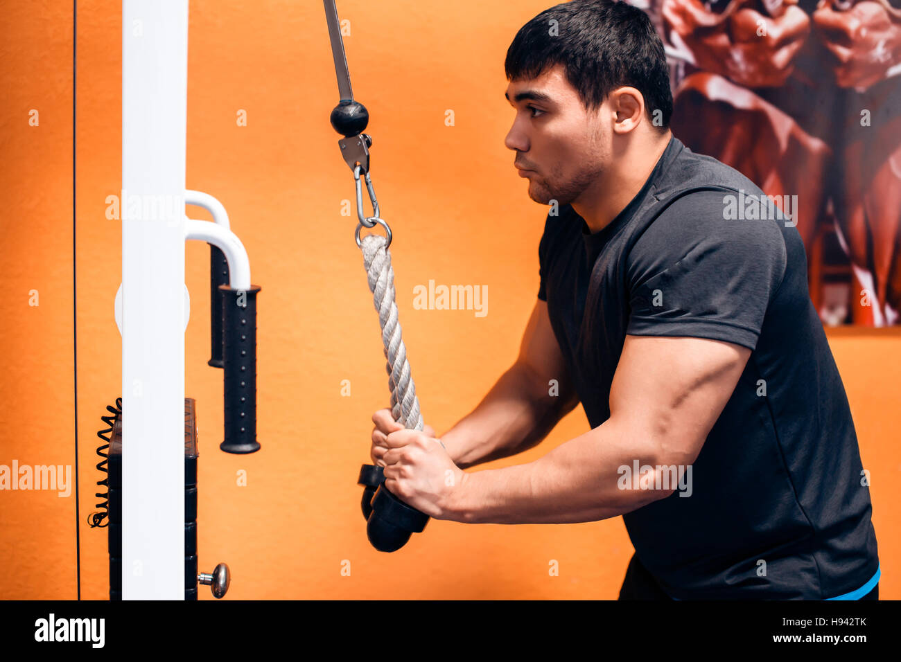 Triceps workout at a cable machine Stock Photo - Alamy