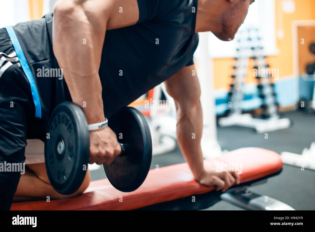Bodybuilder doing heavy weight exercise the muscles of the back with ...