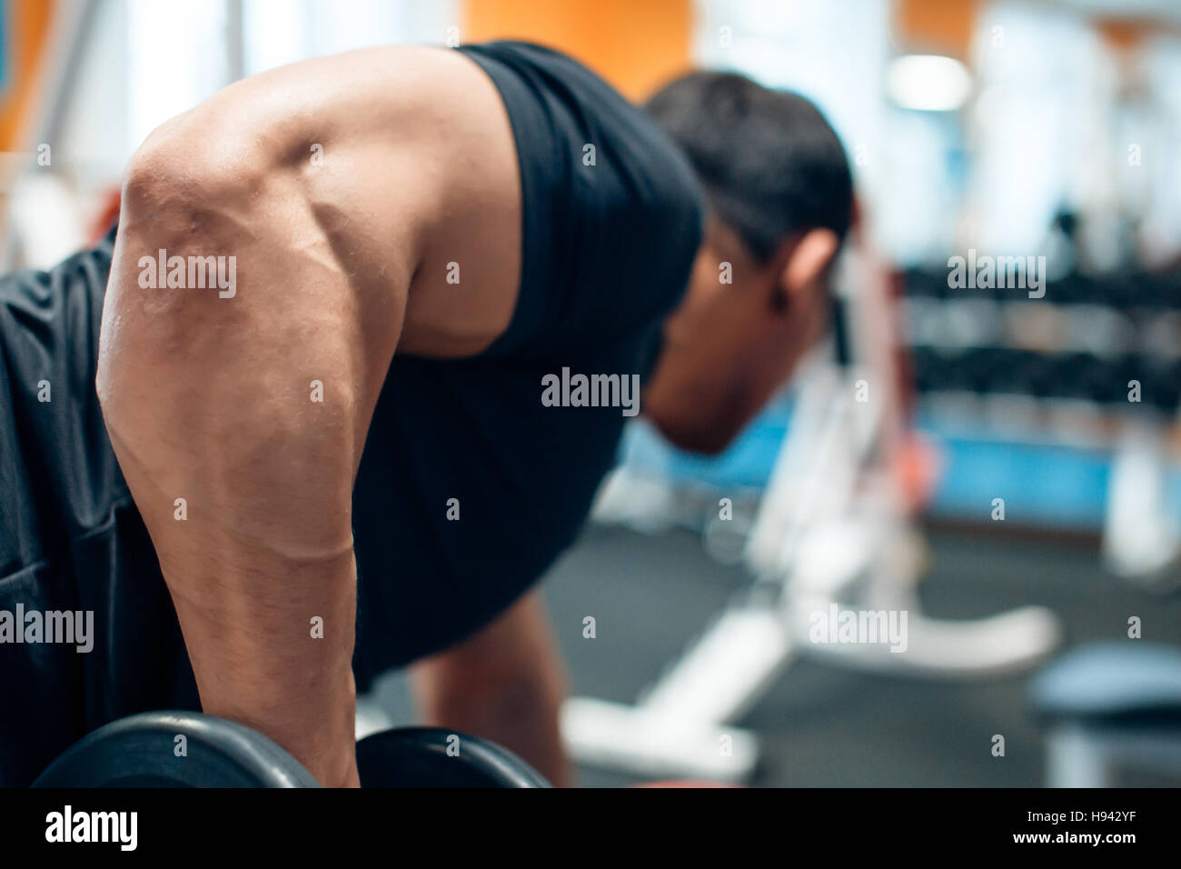 Bodybuilder doing exercise the muscles of the back with dumbbell Stock ...