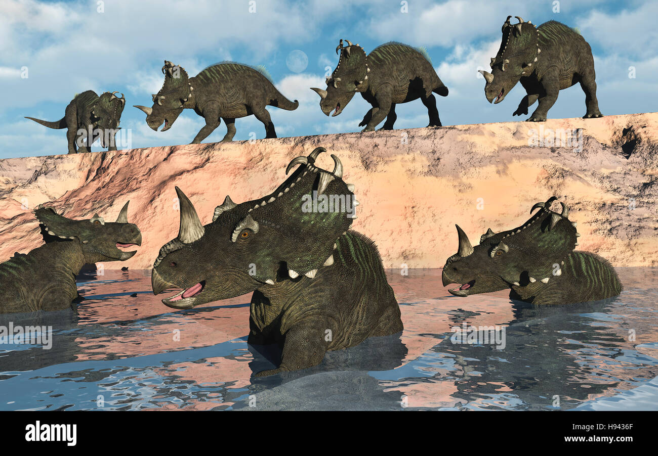 A Herd Of Centrosaurus , Crossing A River Stock Photo - Alamy