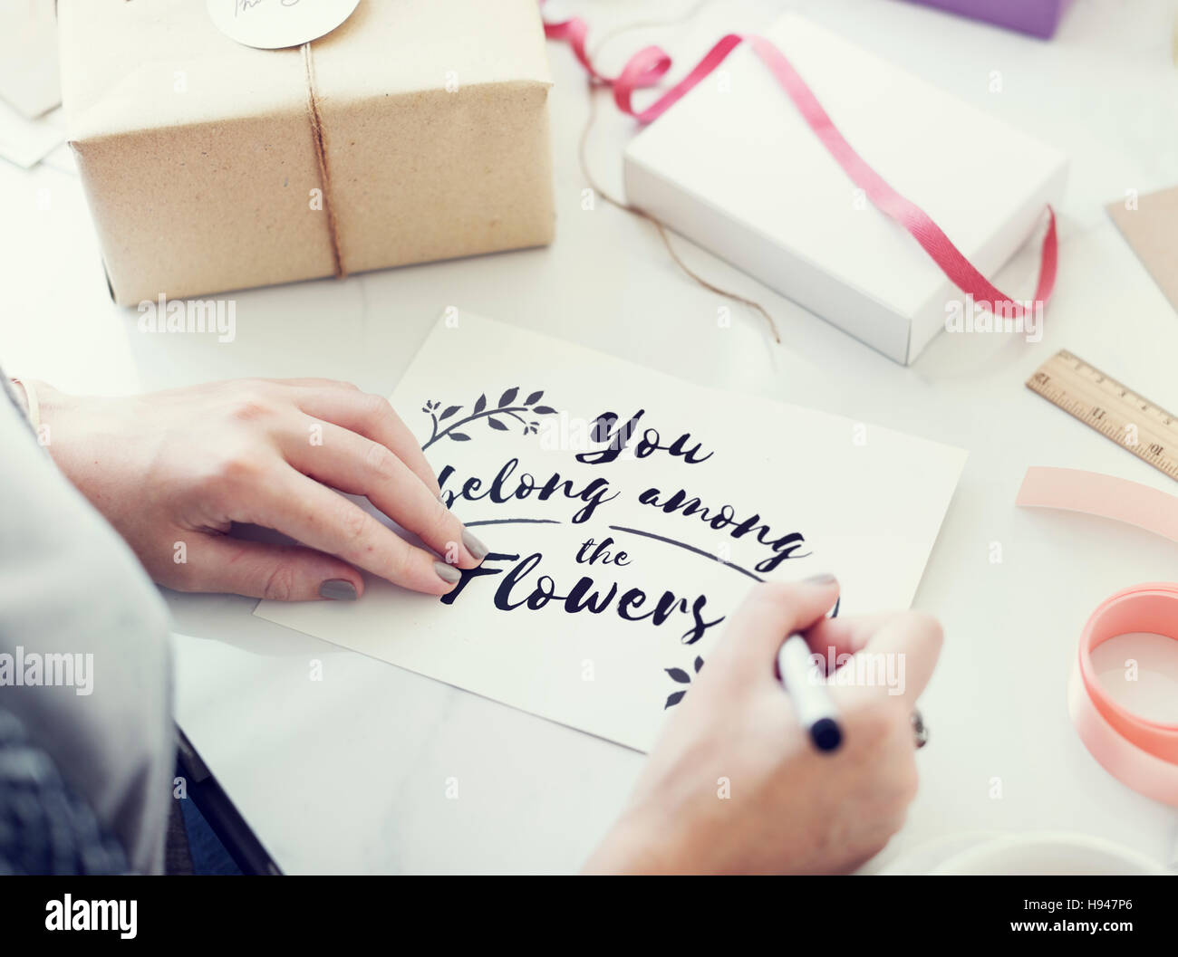 Woman Writing Card Gift Present Concept Stock Photo - Alamy