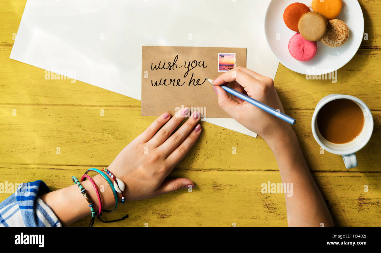 Hands Writing Postcard Travel Fruits Concept Stock Photo - Alamy