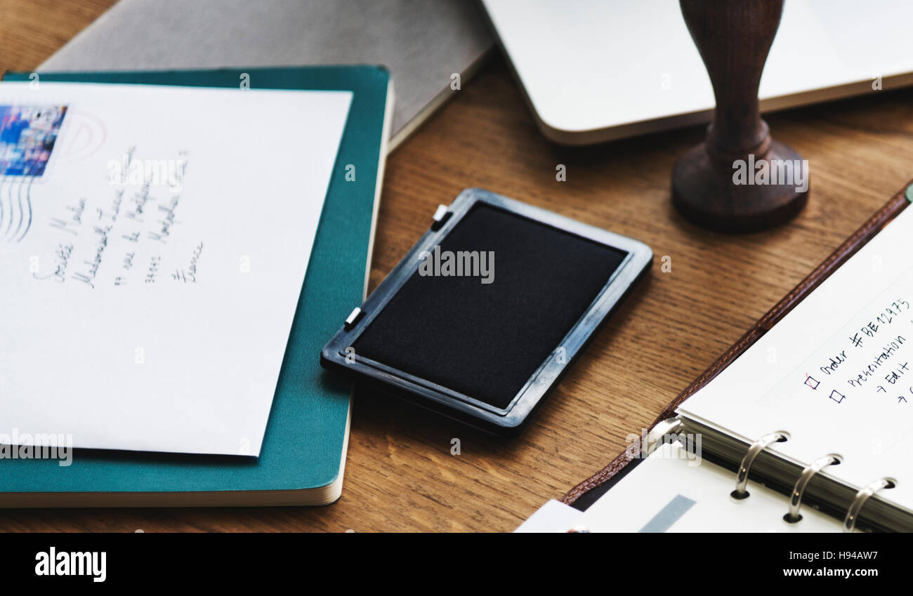 Wooden Table Objects Stationery Concept Stock Photo - Alamy