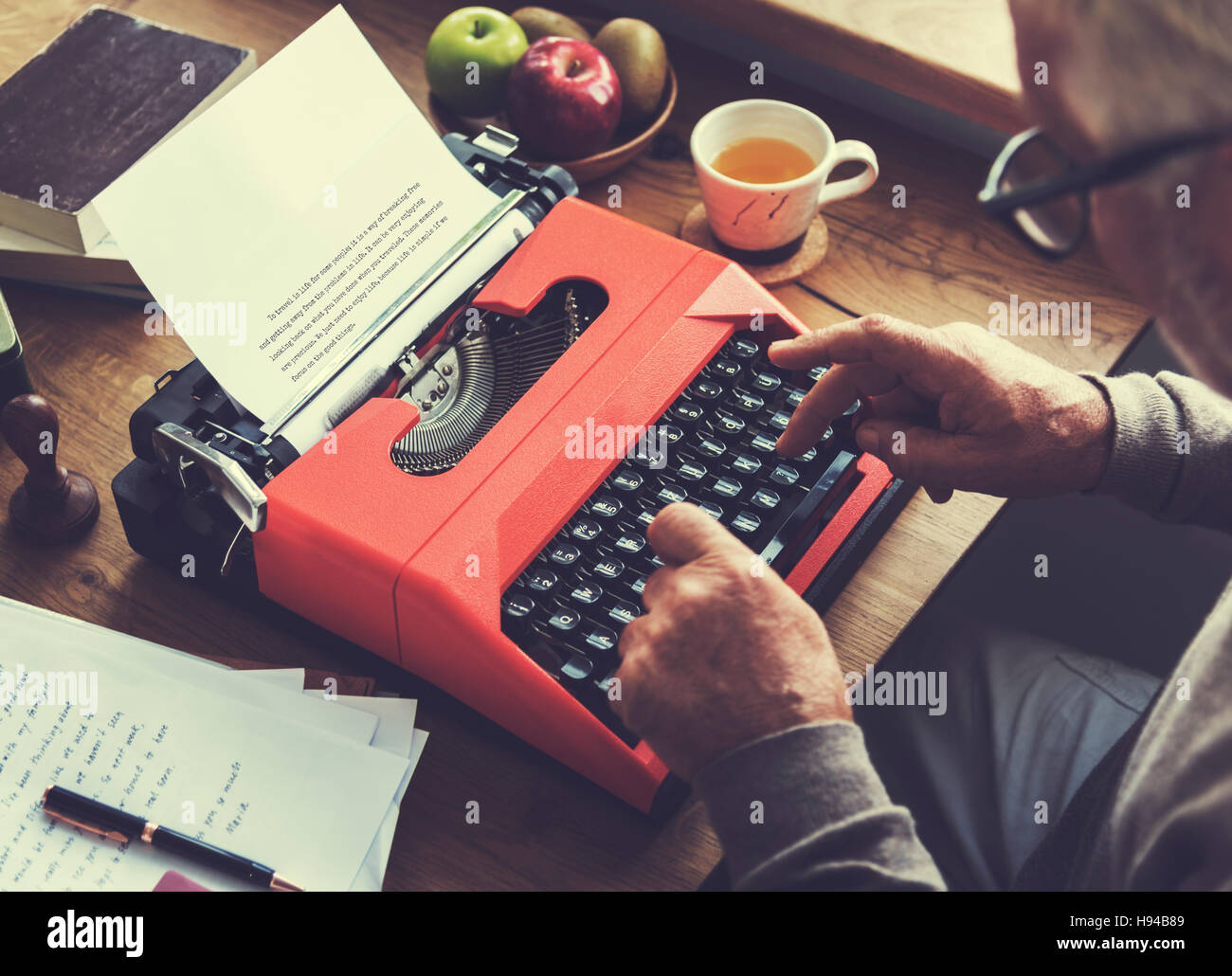 Senior Man Typing Typewriter Vintage Style Concept Stock Photo - Alamy
