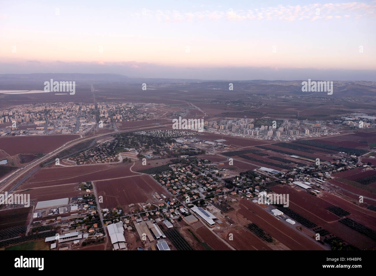 Aerial view of Kibbutz Merhavia and the city of Afula often known as ...