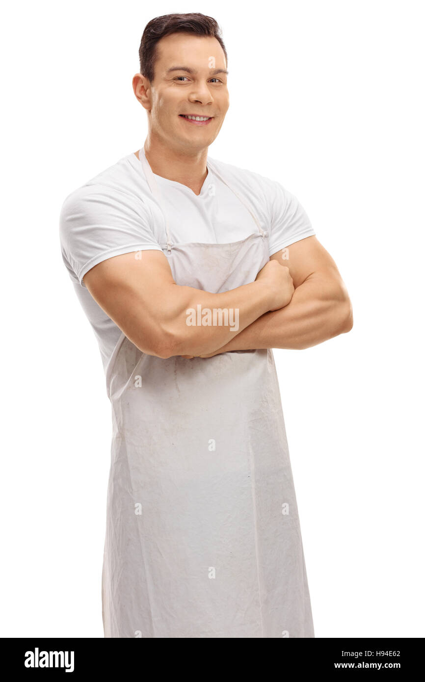 Happy butcher posing with his arms crossed isolated on white background ...