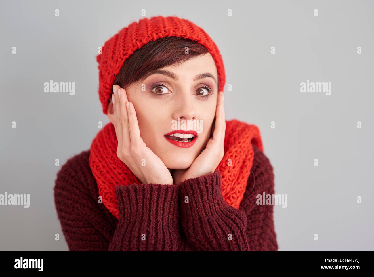 Woman shocked hands up hi-res stock photography and images - Alamy