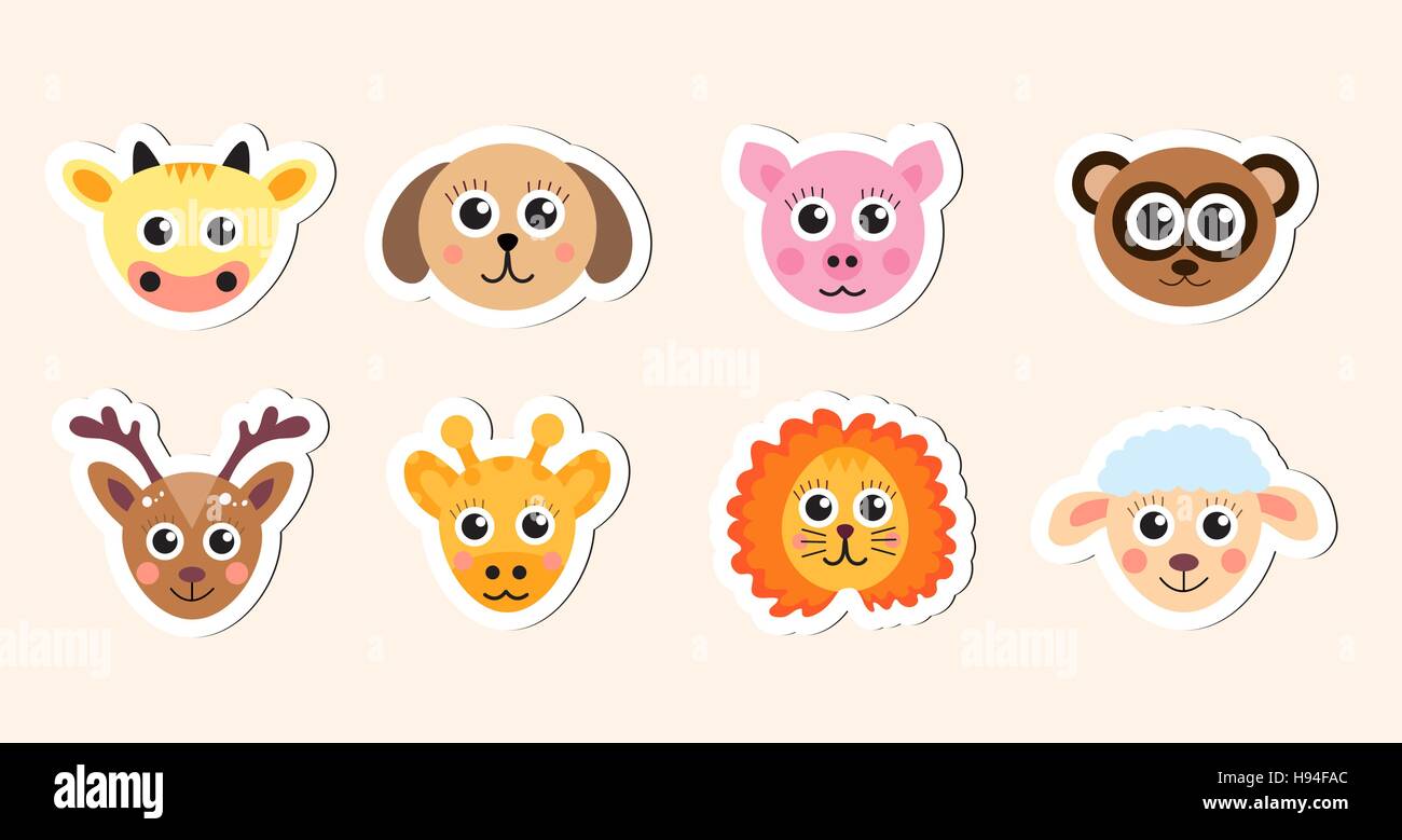cute baby animal head stickers vector illustration Stock Vector Image ...