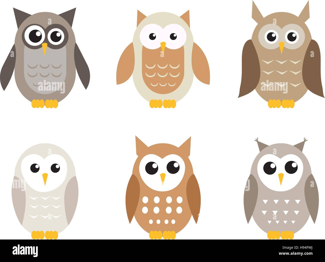 Cute cartoon owl set. Owls in shades of gray. Vector illustration Stock ...