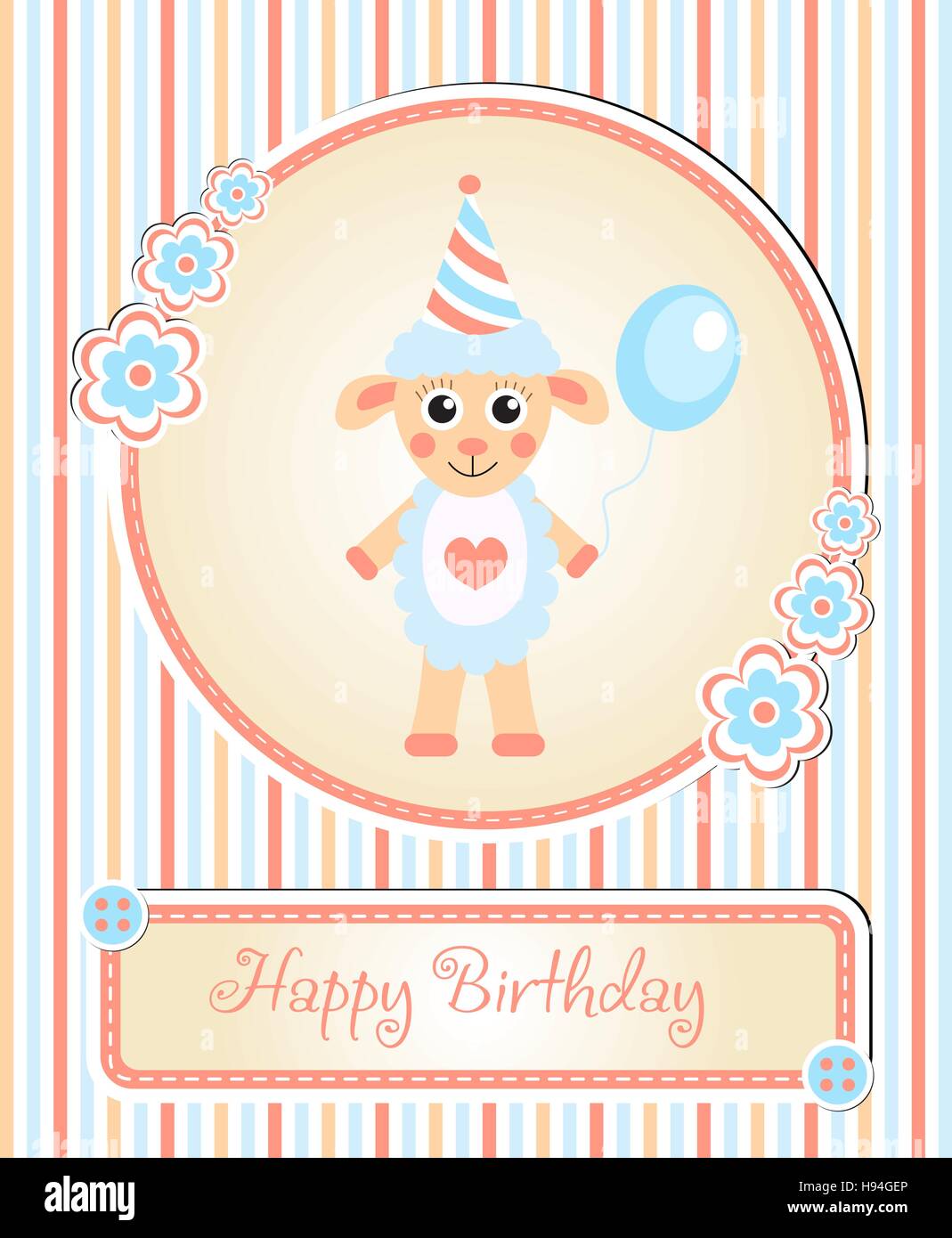 greeting template cute children s birthday party, cartoon sheep Stock ...
