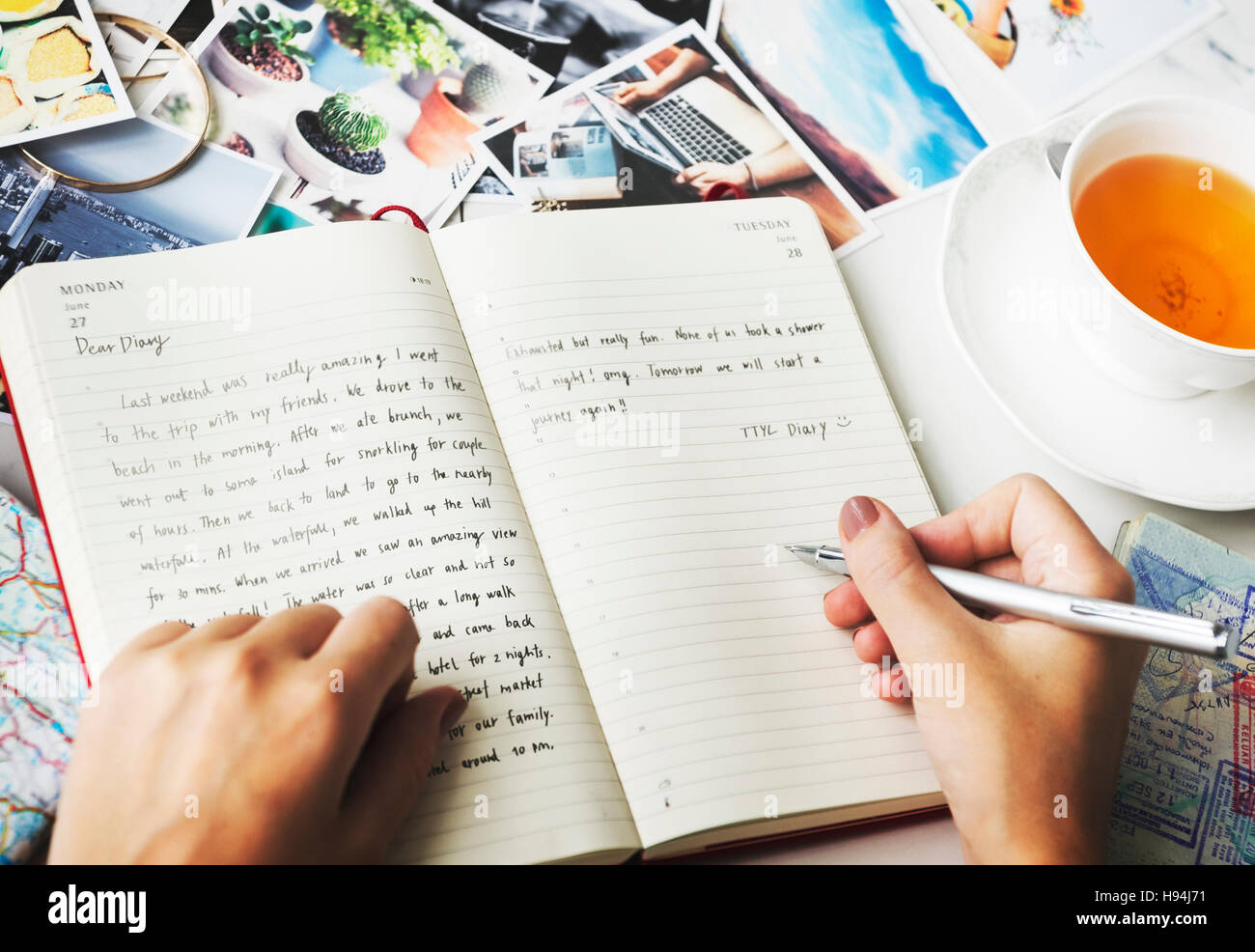 Hands Writing Journal Tea Concept Stock Photo - Alamy