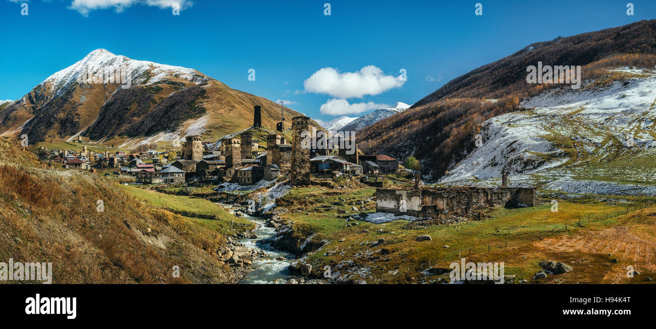 Panoramic view of Svanetian Towers in Ushguli and Inguri river in ...