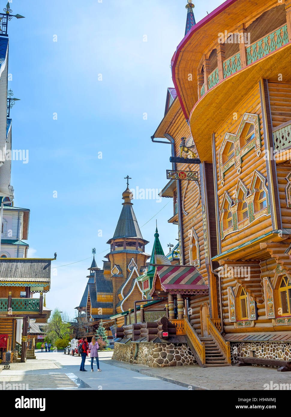 The timbered wall of Tsar's Palace in Izmailovsky Kremlin with the St ...