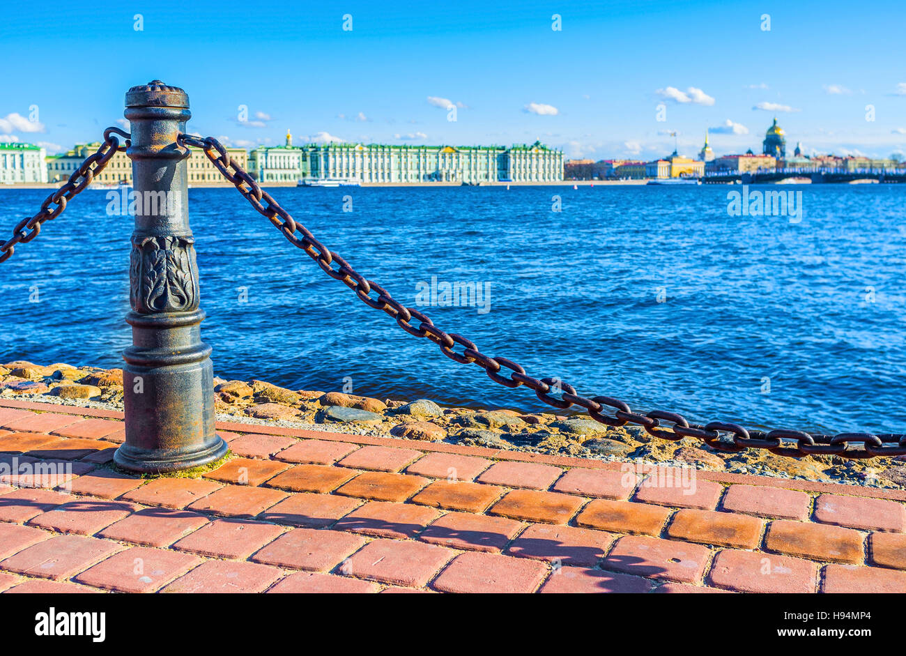 The cast-iron chain barrier on the embankment of the Zayachy Island in ...