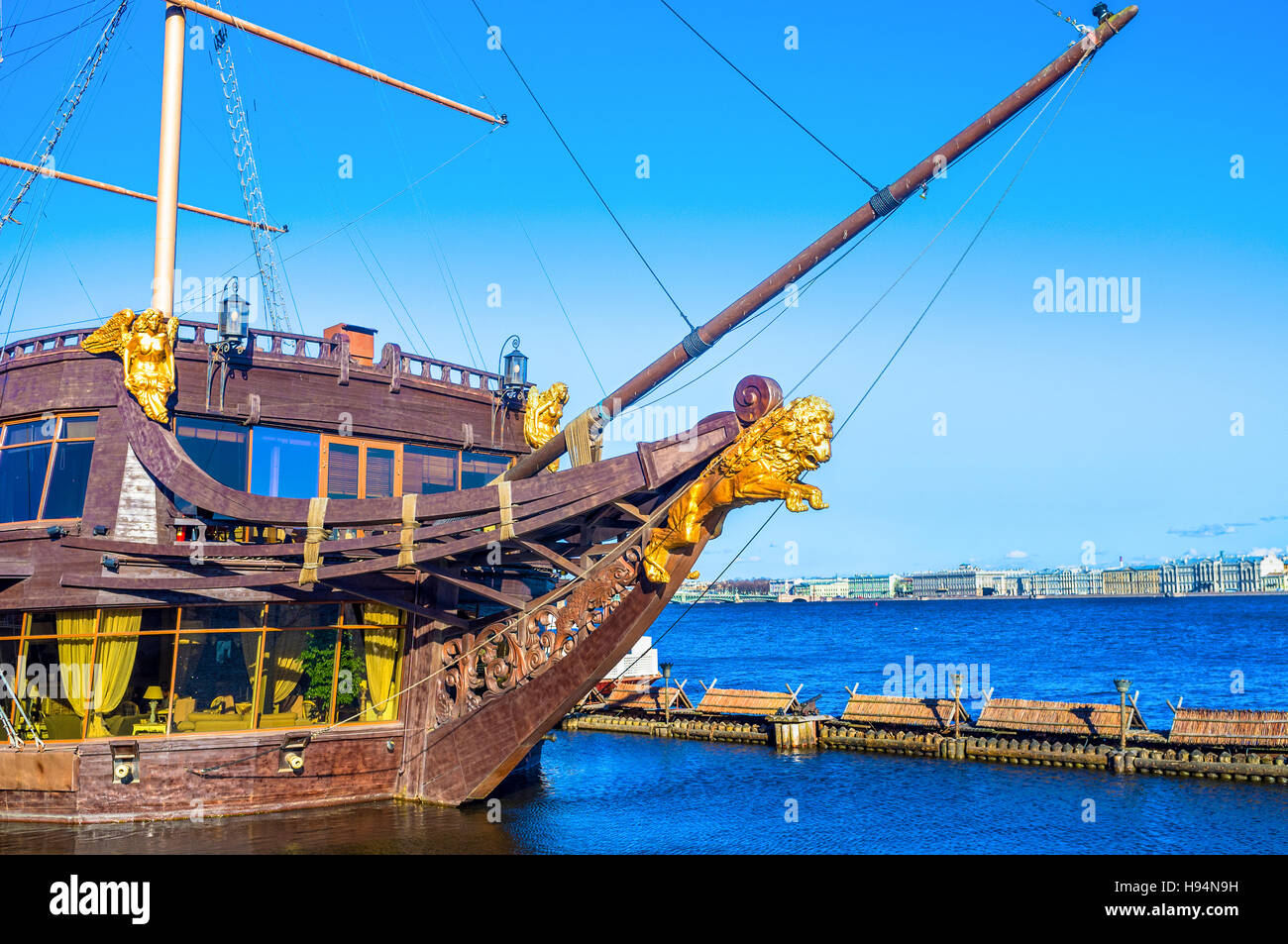 The figureheadin form of lion in the bow of the replica of medieval ...