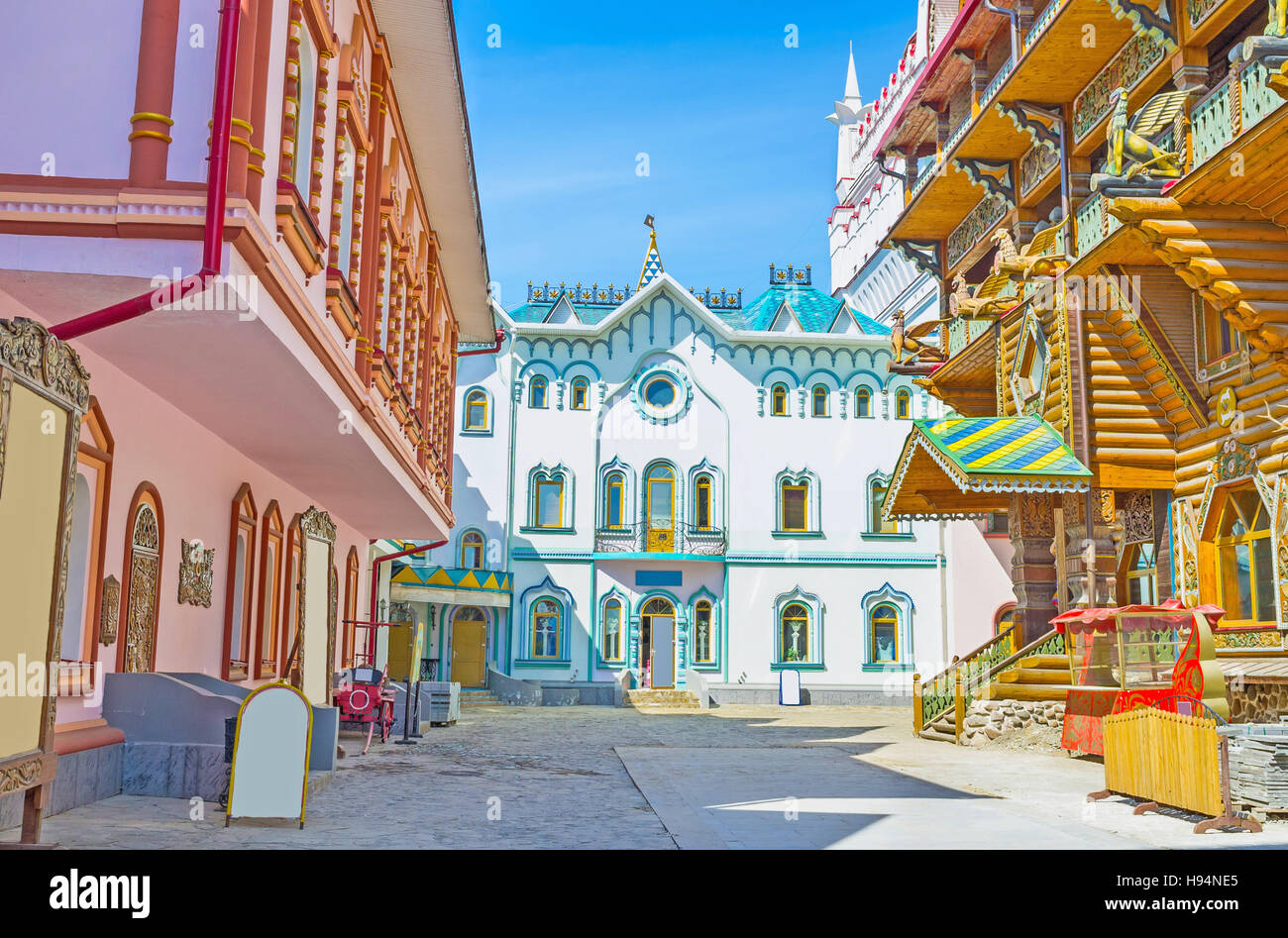 The scenic colorful mansions of different stores, museums and craft ...