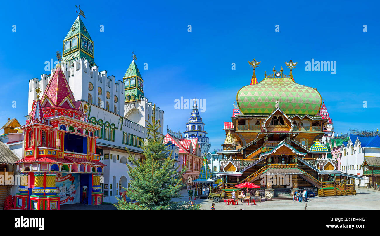 The wooden Tsar's Palace in Izmailovsky Kremlin surrounded by colorful ...