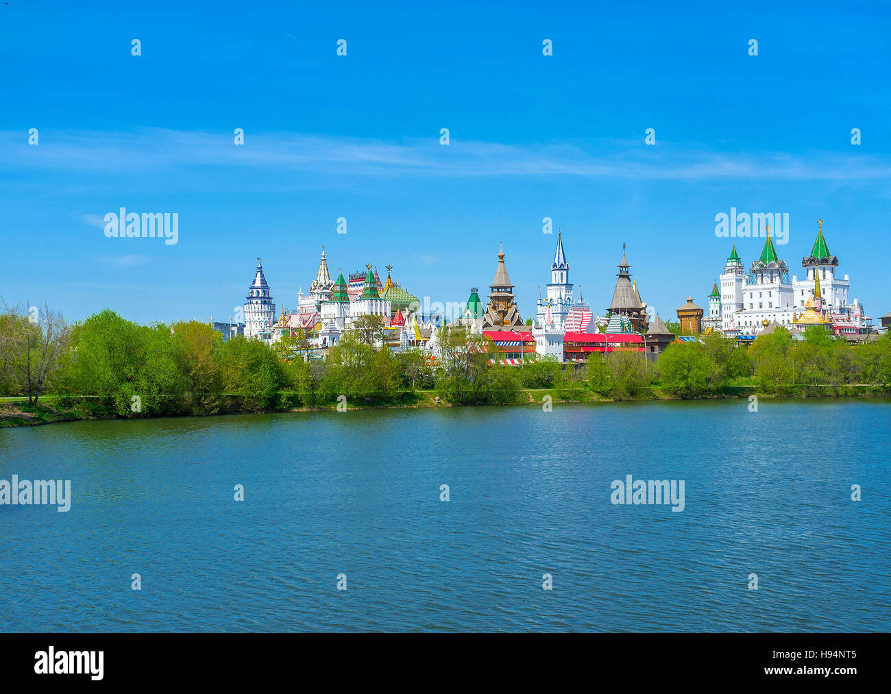 The view on Izmailovsky Kremlin complex with colorful tower and domes ...