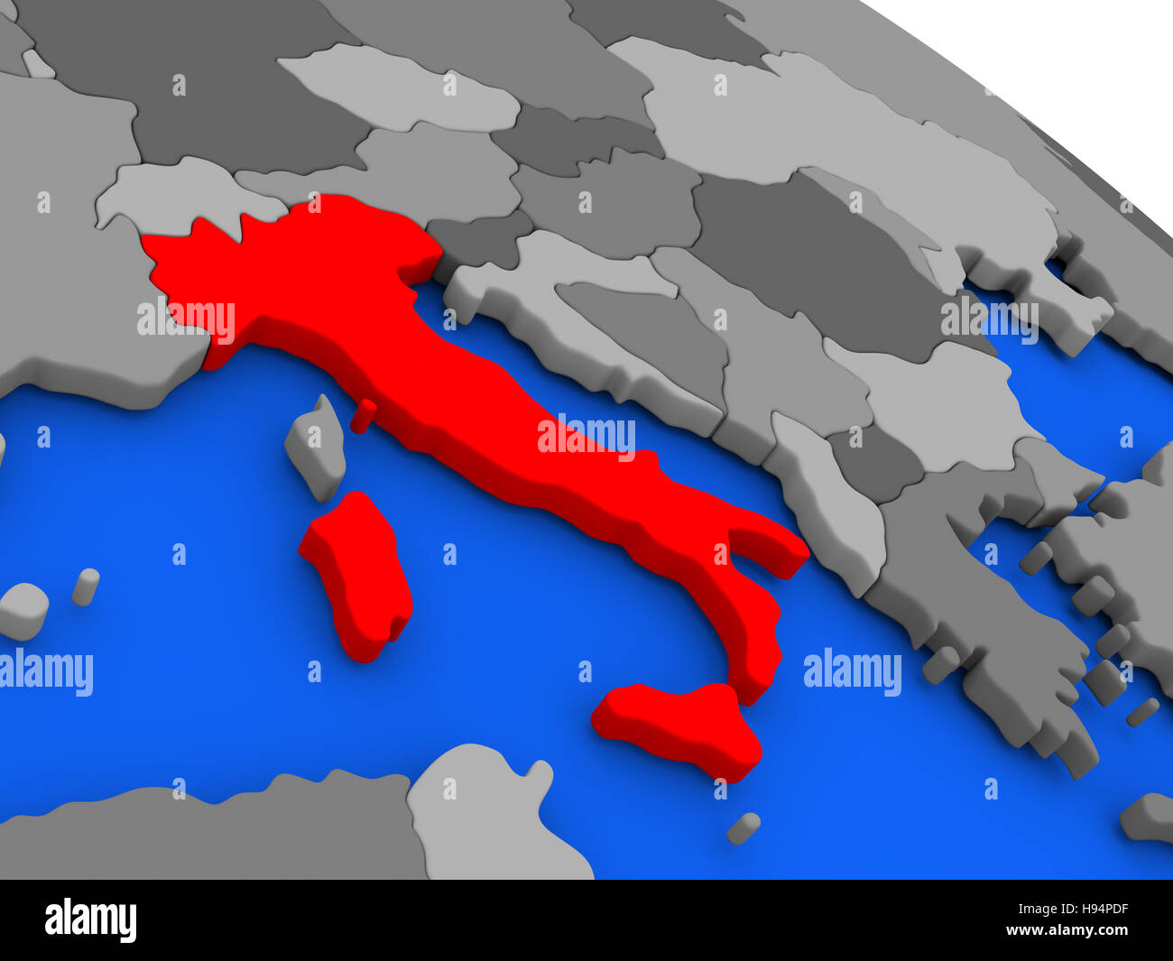 Map of Italy highlighted in red on a globe. 3D illustration Stock Photo ...