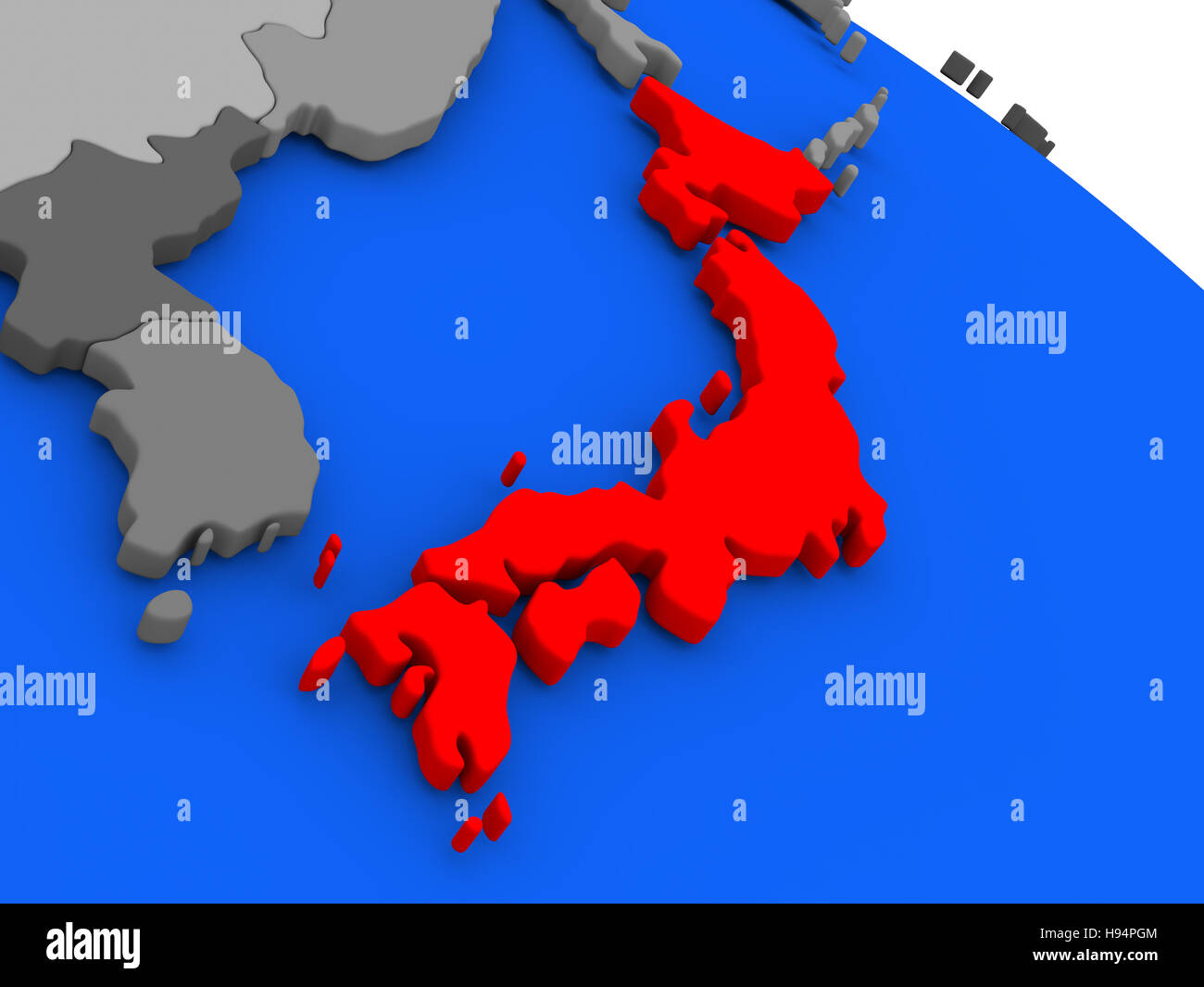 Map of Japan highlighted in red on a globe. 3D illustration Stock Photo ...