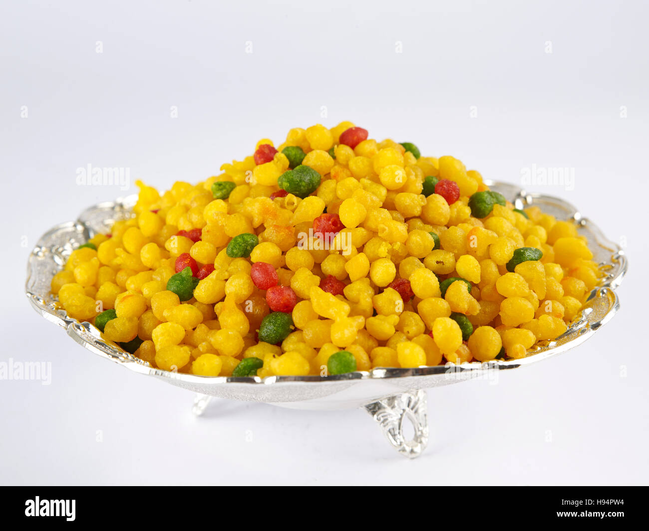 SWEET BOONDI SERVED IN A SILVER BOWL ON WHITE BACKGROUND Stock Photo ...