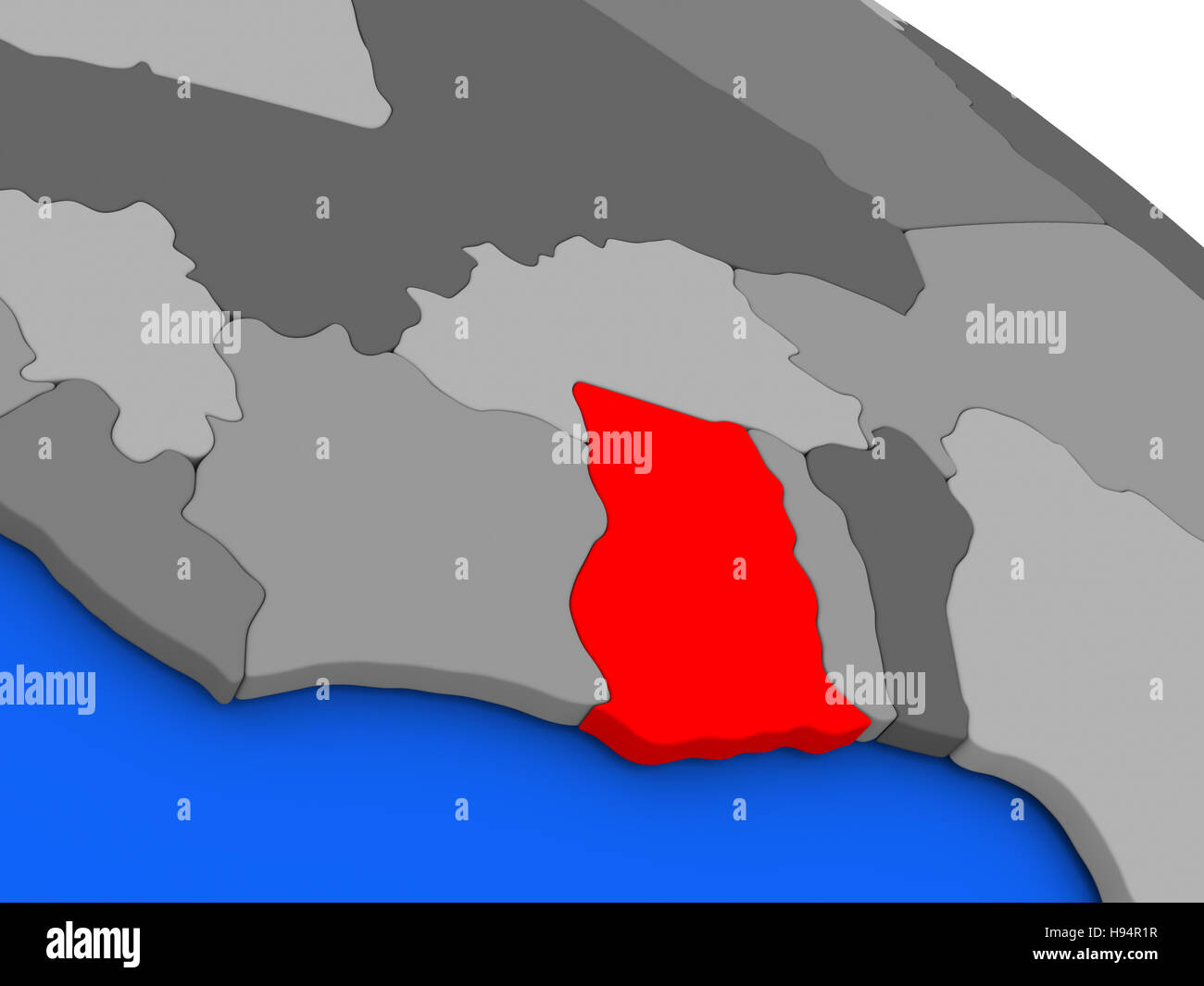 Map of Ghana highlighted in red on a globe. 3D illustration Stock Photo ...