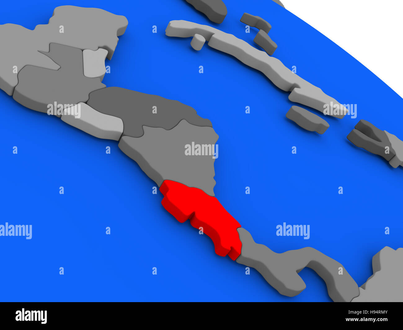 Map of Costa Rica highlighted in red on a globe. 3D illustration Stock ...