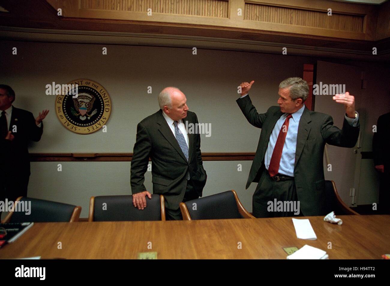 U.S. President George W. Bush talks with Vice President Dick Cheney in ...