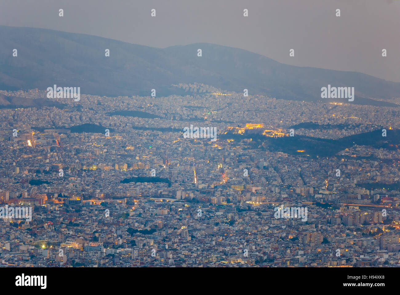 Athens skyline view after sunset with vivid street lights in Greece ...