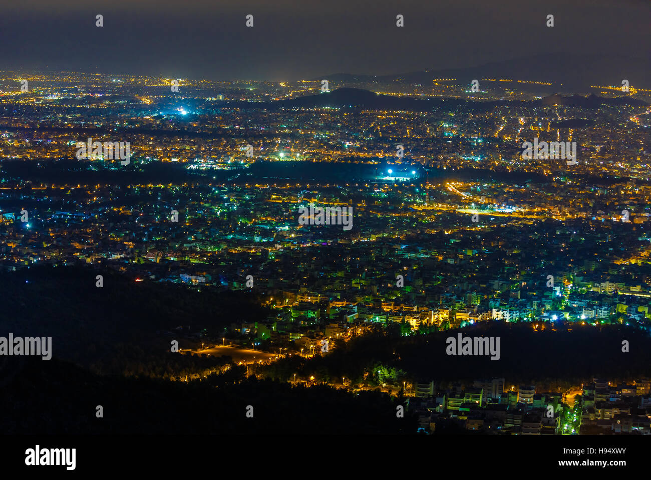 Athens skyline view after sunset with vivid street lights in Greece ...