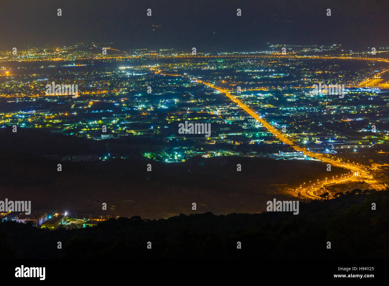 Athens skyline view after sunset with vivid street lights in Greece ...