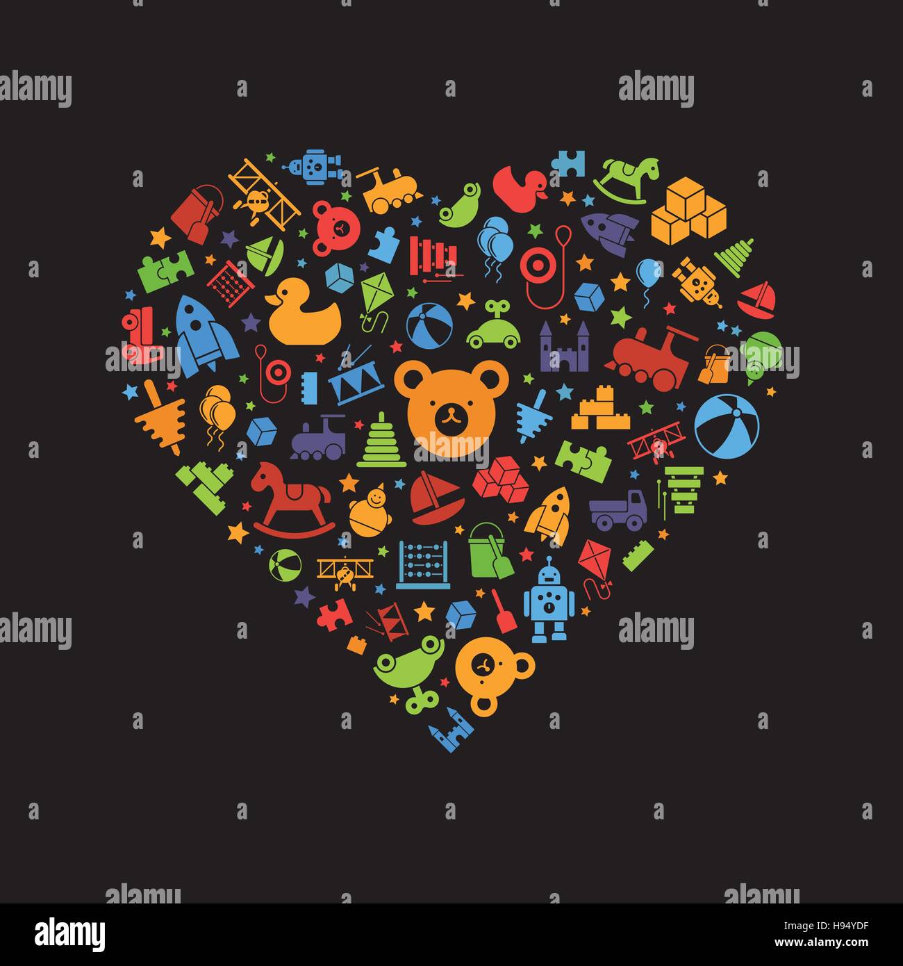 variety of toys icons arranged in heart shape, vibrant color symbols on ...